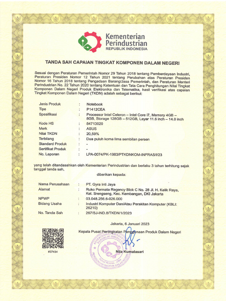 ASUS TKDN Certificate i7 - Salin | PDF