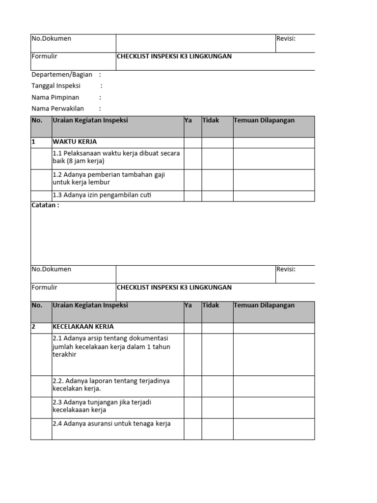 Form Check List Inspeksi K3-Lingkungan (General Inspection) | PDF
