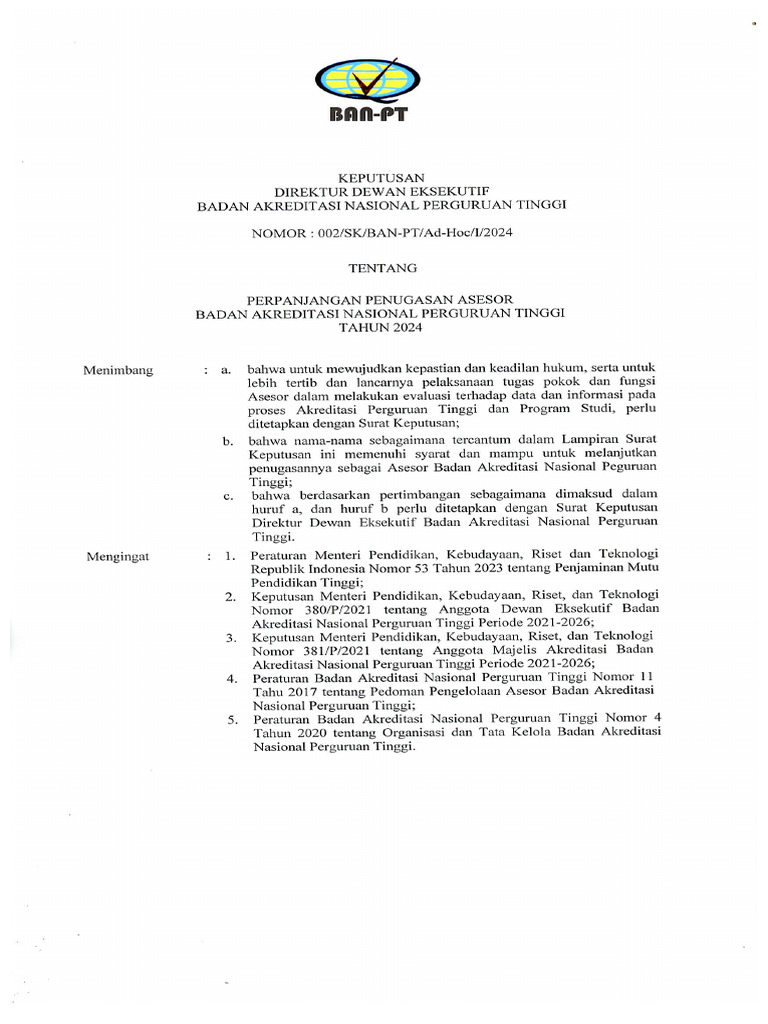 002.SK_.BAN-PT.Ad-Hoc.I.2024-SK-Perpanjangan-Penugasan-Asesor-BAN-PT-Tahun-2024 | PDF