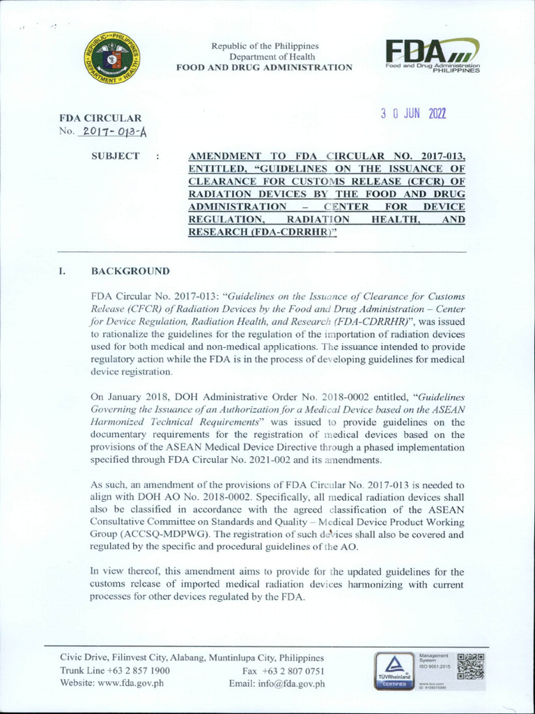 FDA Circular No.2017 013 A Linac | PDF