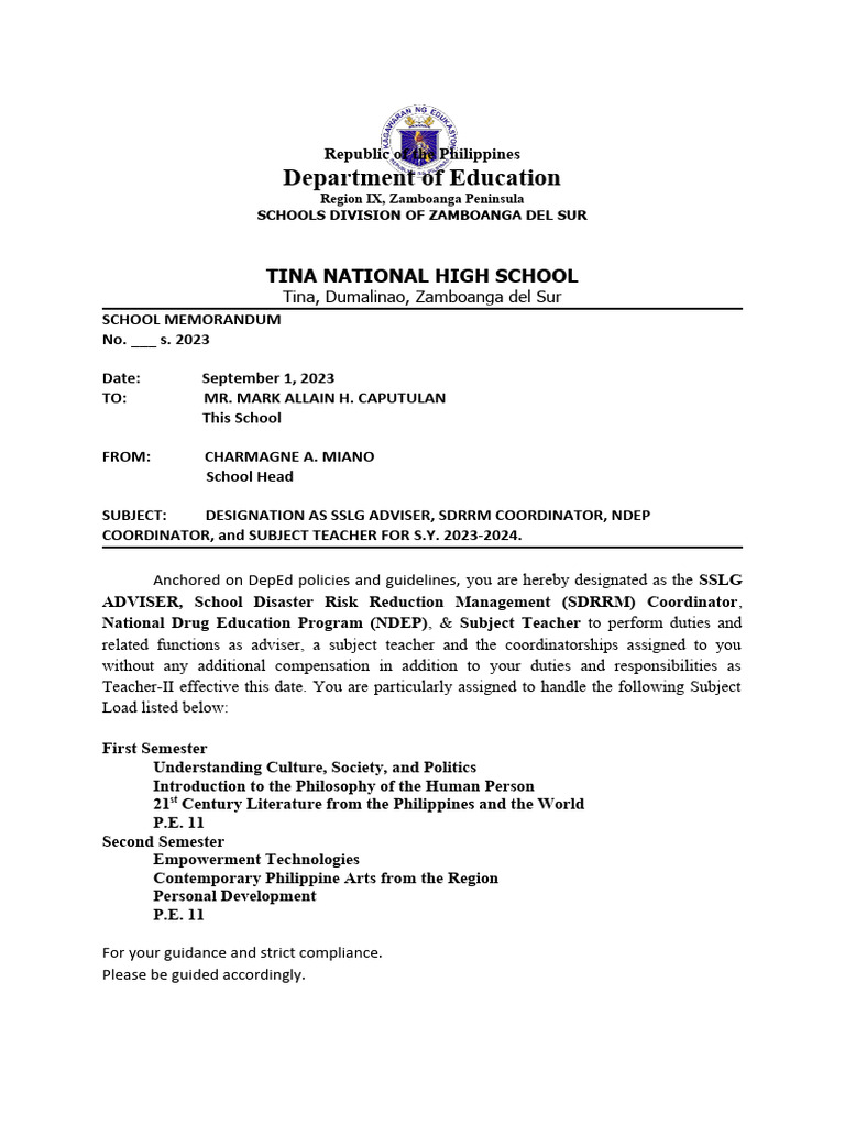 Memo Designation of Teacher 2023 24 | PDF