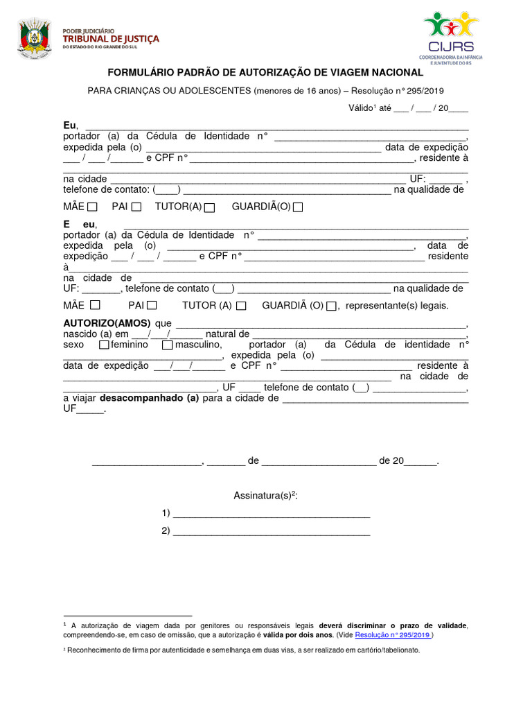 Formulario Padrao de Autorizacao de Viagem Nacional Desacompanhado | PDF Formulario Padrao de Autorizacao de Viagem Nacional Desacompanhado | PDF