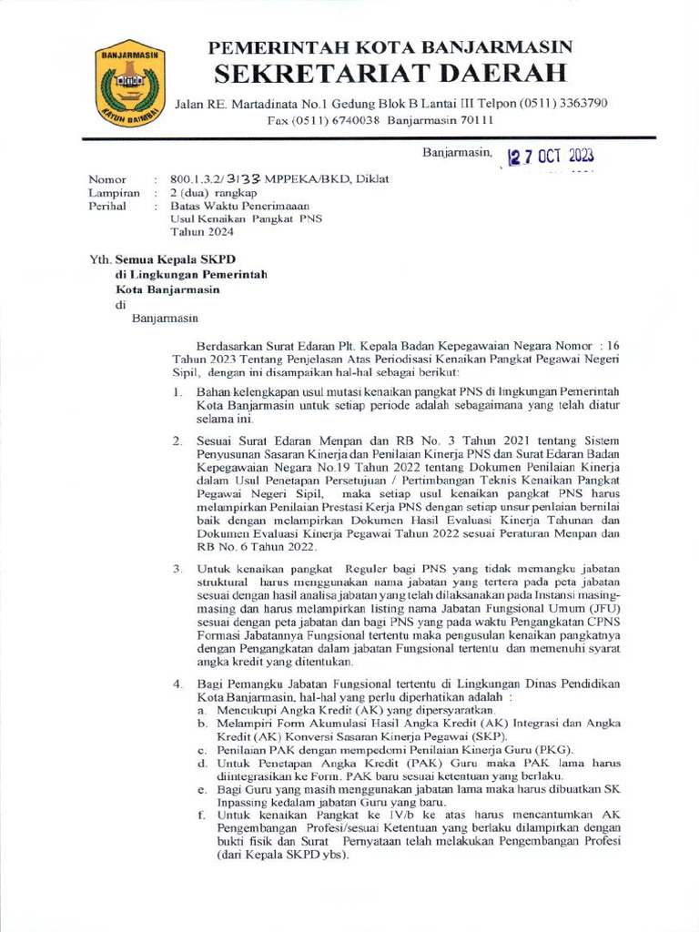 Surat - Perihal Batas Waktu Penerimaan Usul Kenaikan Pangkat PNS Tahun 2024 - Opt | PDF