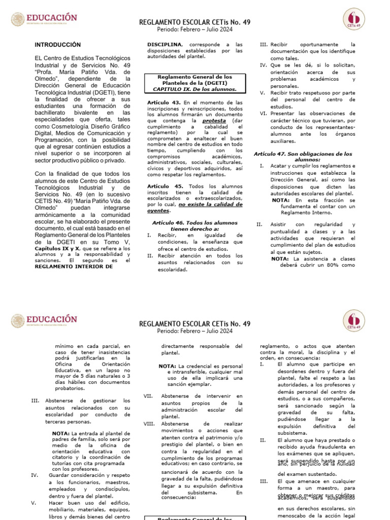 Reglamento Escolar CETis No. 49 2024 | PDF