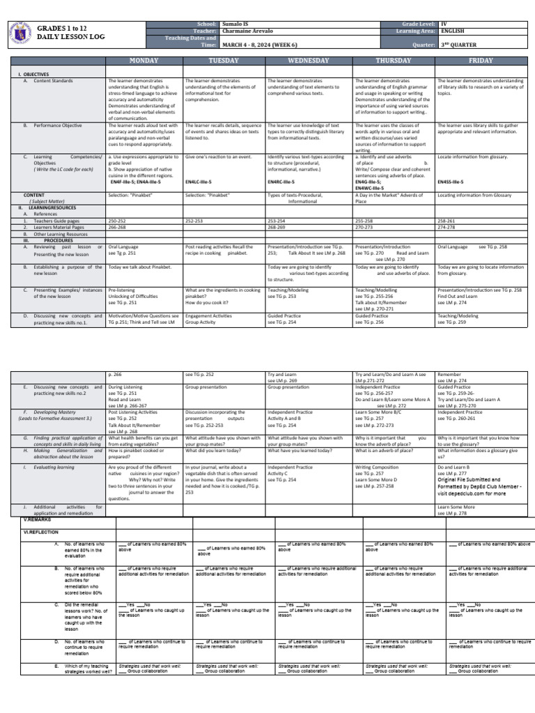 DLL_ENGLISH 4_Q3_W6 | PDF | Learning | Nonverbal Communication