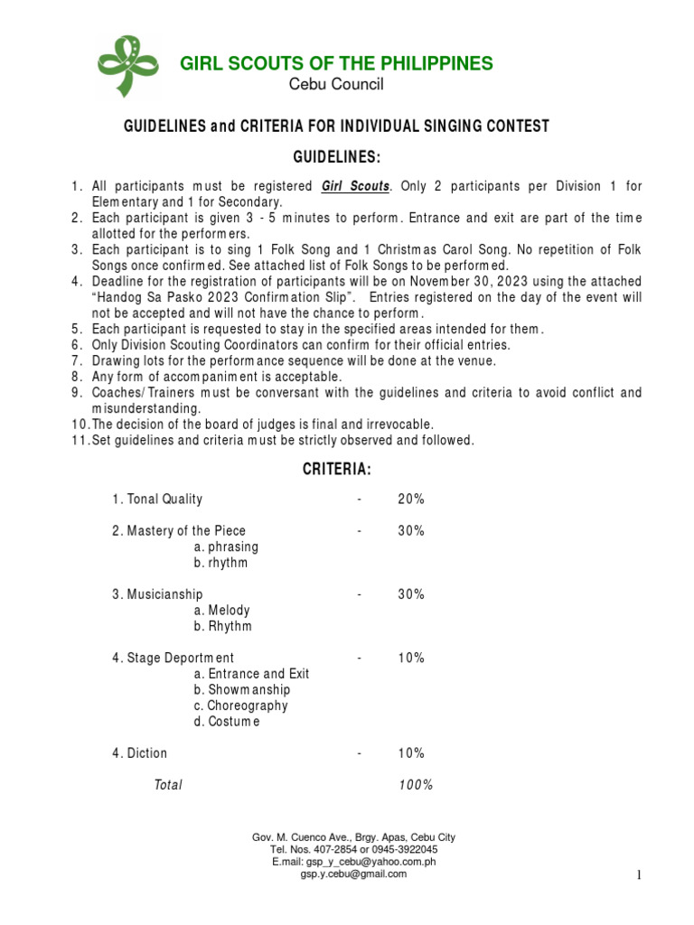 Cebu Girl Scouts Singing Contest Guidelines | PDF