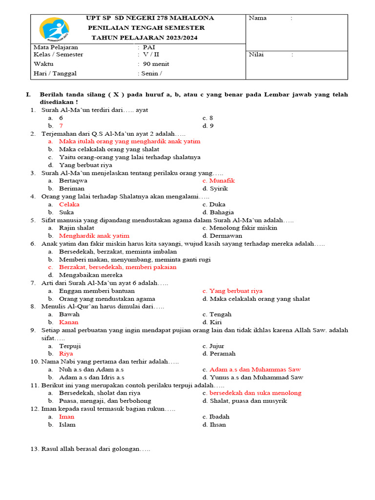 Soal Pai Kelas 5 | PDF