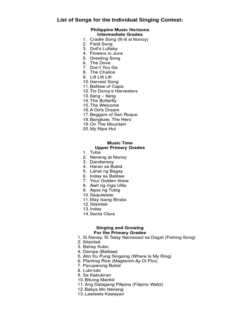 Tagalog Songs for Singing Contest | PDF | Language Arts & Discipline ...