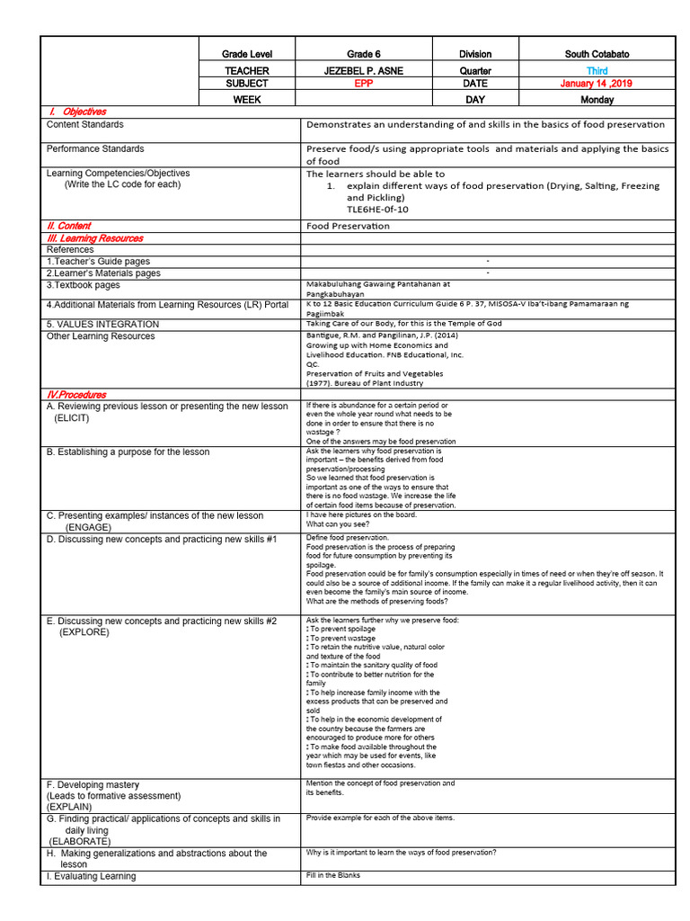 Lesson Plan COT | PDF | Learning | Food Preservation