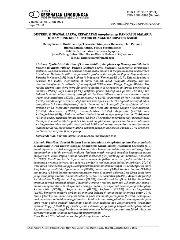 Distribusi Spasial Habitat Larva Kepadatan Anophel | PDF | Malaria | Serangga