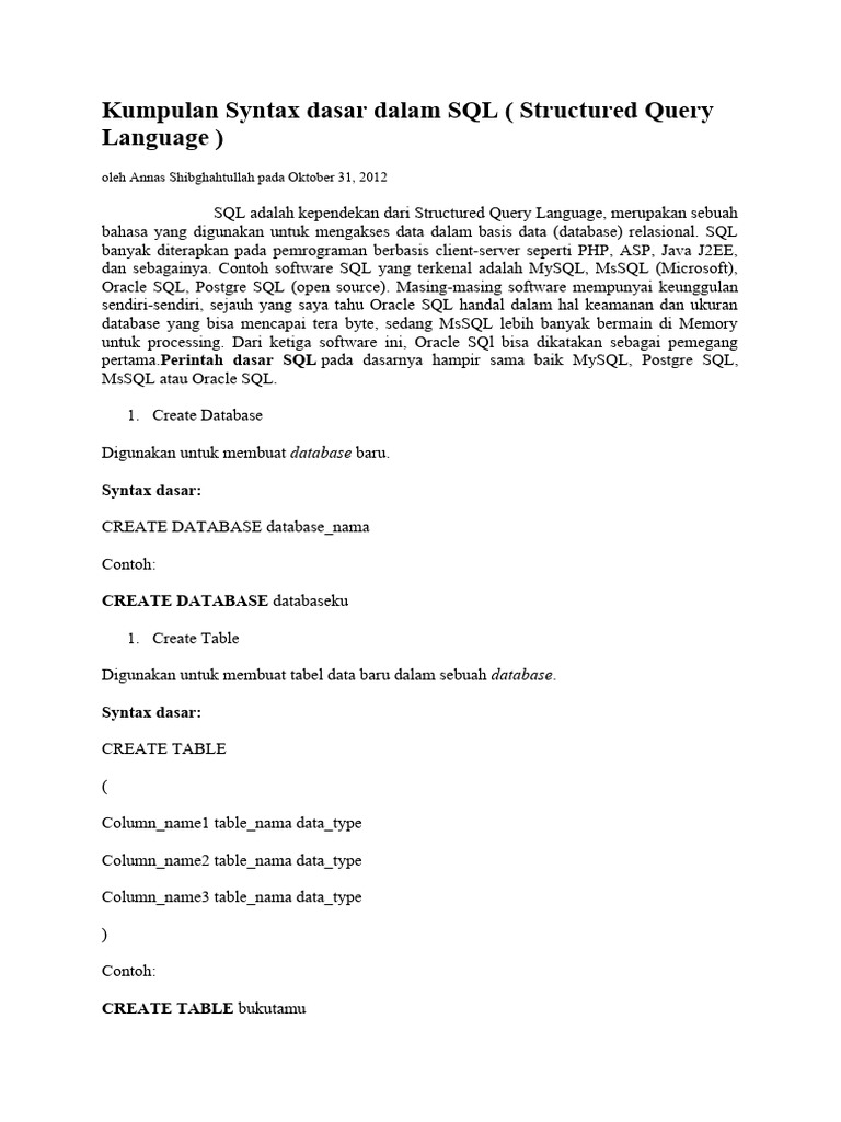 Kumpulan Syntax Dasar Dalam SQL | PDF Kumpulan Syntax Dasar Dalam SQL | PDF