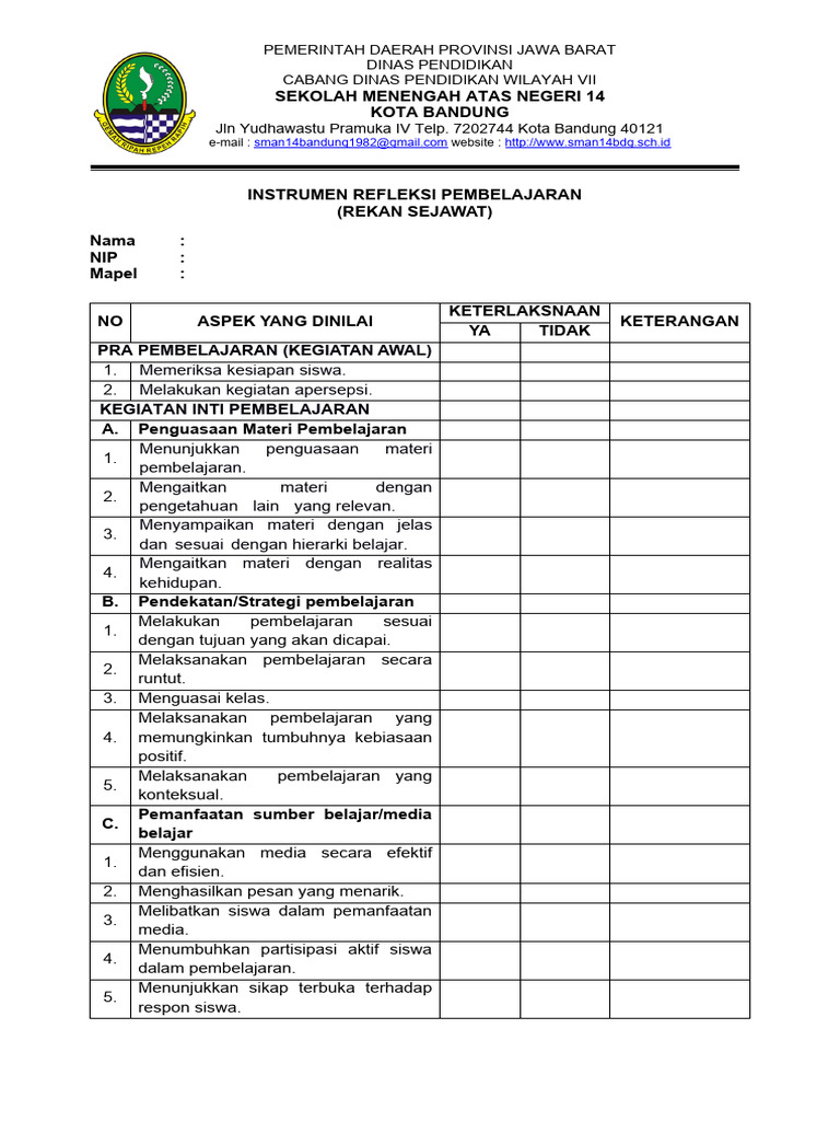 Instrumen Refleksi Pembelajaran (Guru) | PDF