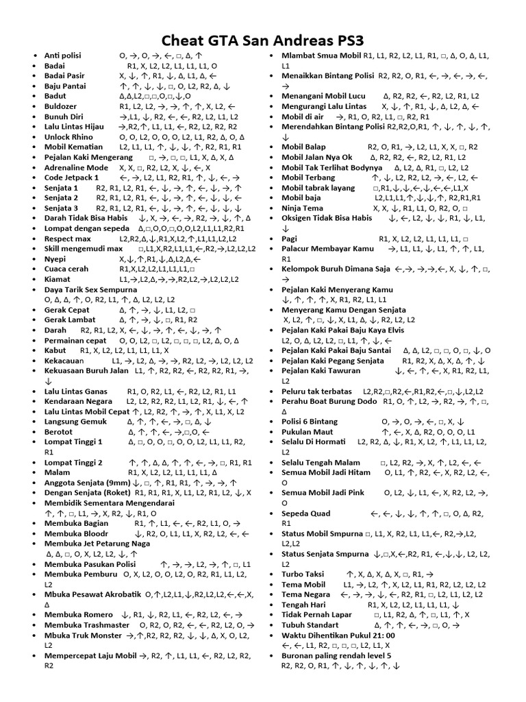 Cheat-GTA-San-Andreas-PS3-Lengkap | PDF