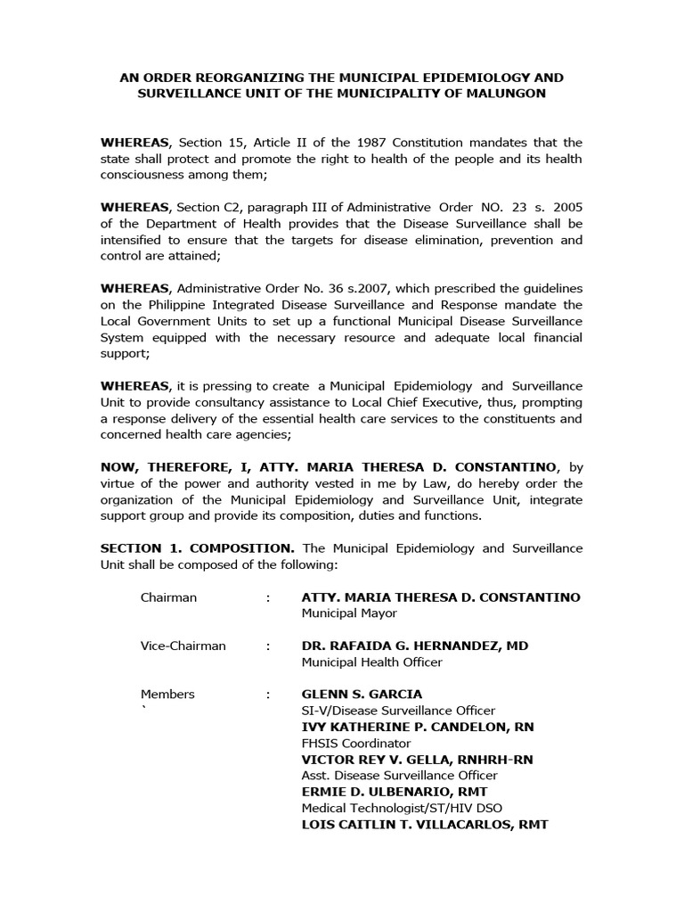 An Order Reorganizing The Municipal Epidemiology and Surveillance Unit ...