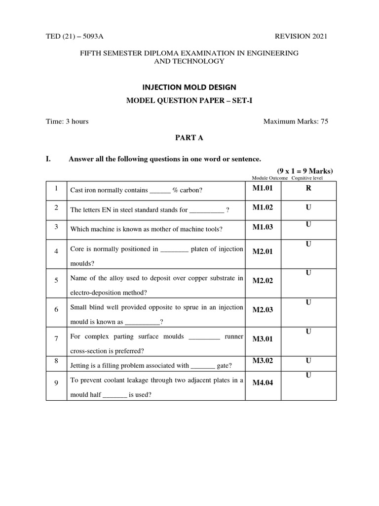 Injection Mold Design Model Question Paper - Set-I | Download Free PDF ...