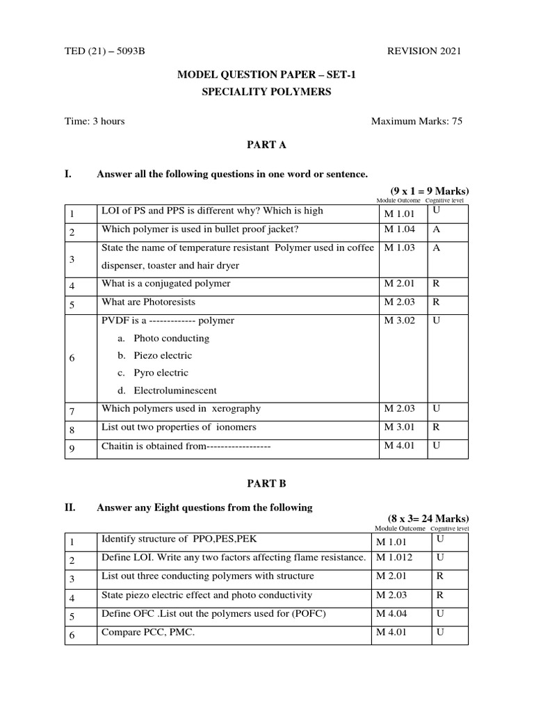 Model Question Paper - Set-1 Speciality Polymers: Module Outcome ...