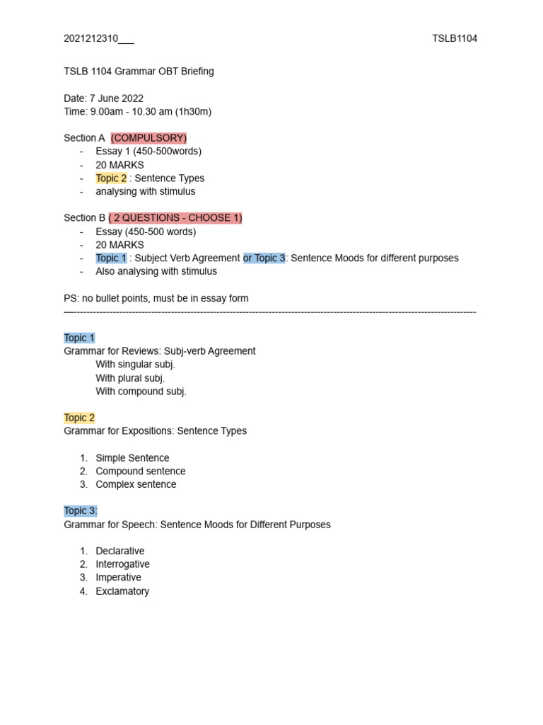 Grammar Notes | PDF | Sentence (Linguistics) | Syntactic Relationships