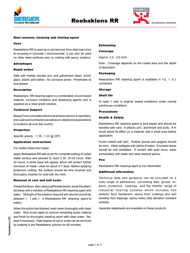 Fosroc Reebaklens RR Rust Remover Guide | PDF | Home & Garden