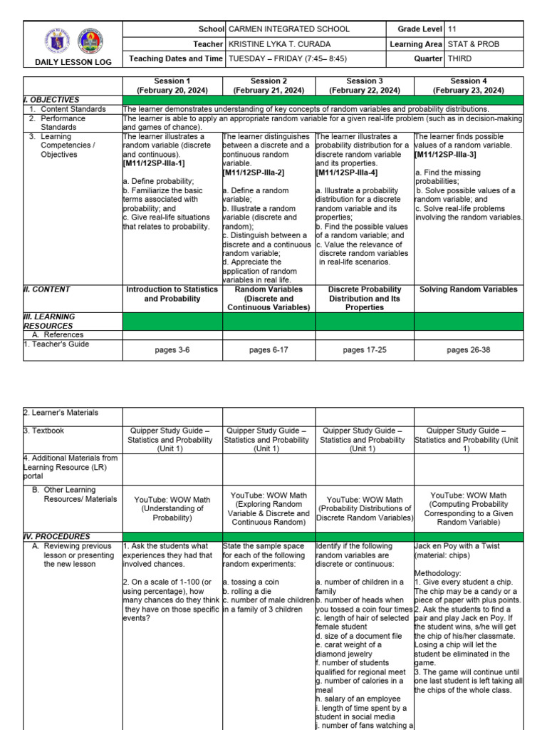 DLL Stat&Prob11 - Q3 Wk1 | PDF | Probability Distribution | Random Variable