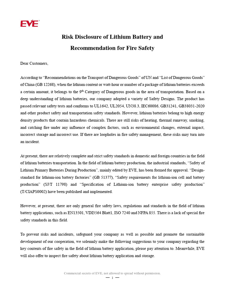 Risk Disclosure of Lithium Battery and Recommendation For Fire Safety | PDF