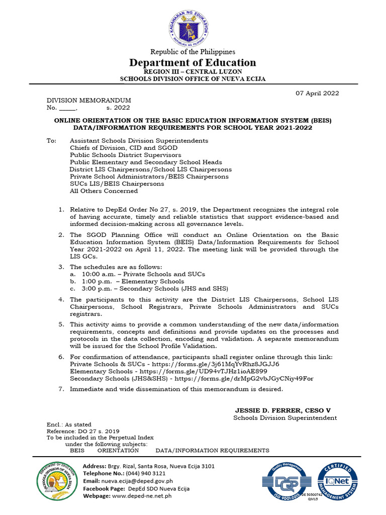 3-SGOD-Planning-BEIS-Orientation-2022 | PDF | Communication | Information Technology