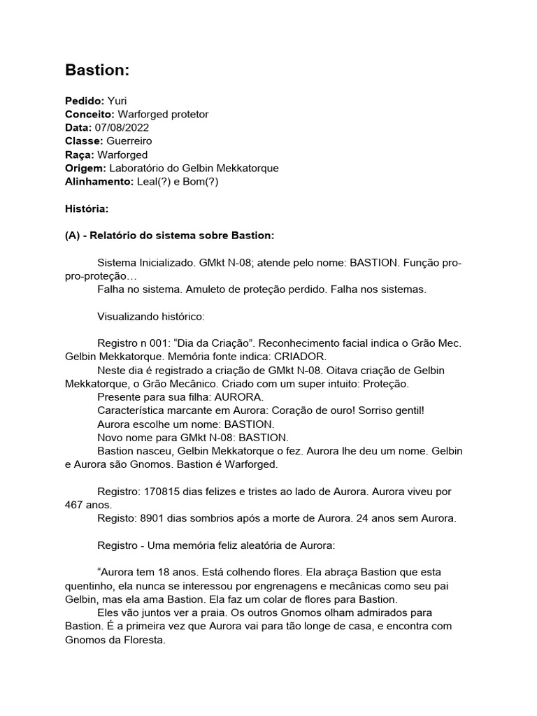 Pedido de Personagem - Bastion | PDF