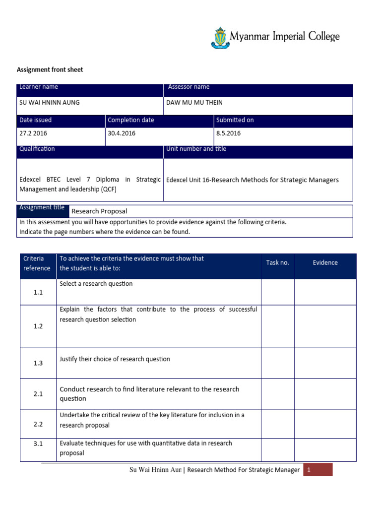 Su Wai Hninn Aung (Research Assignment) | PDF | Methodology | Survey Methodology