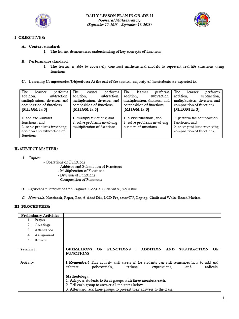 GenMath11 DLP (Q1-Wk2) | PDF
