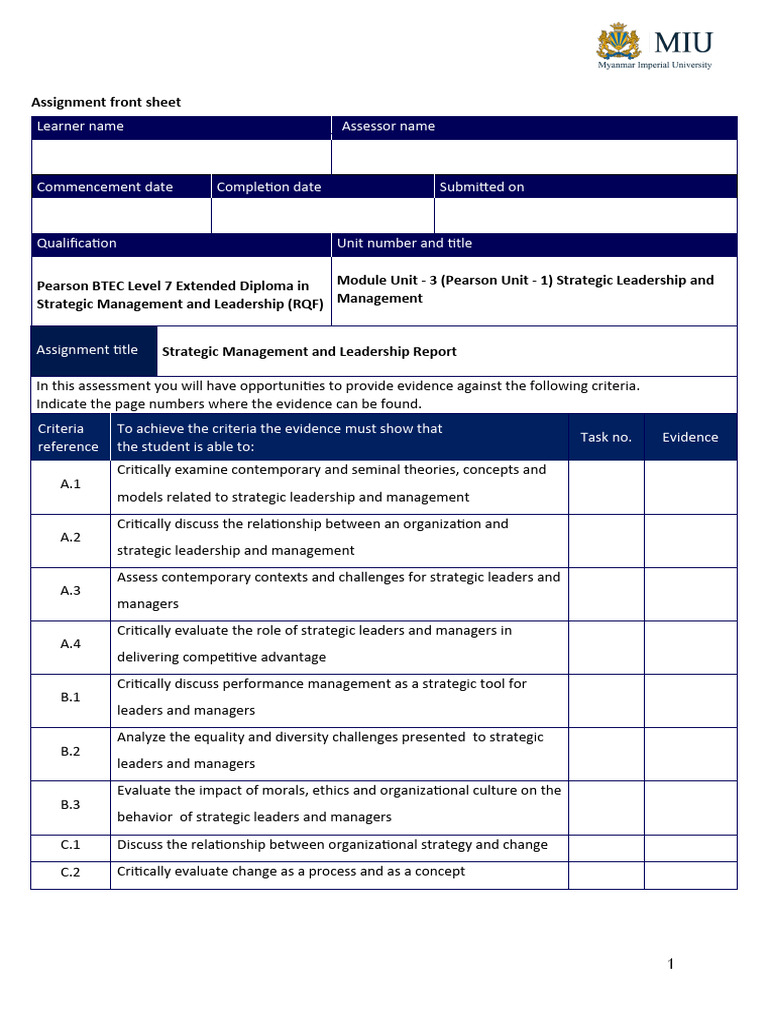 Assignment Front Sheet - Module Unit 3 - Strategic Leadership and Management (RQF) | PDF