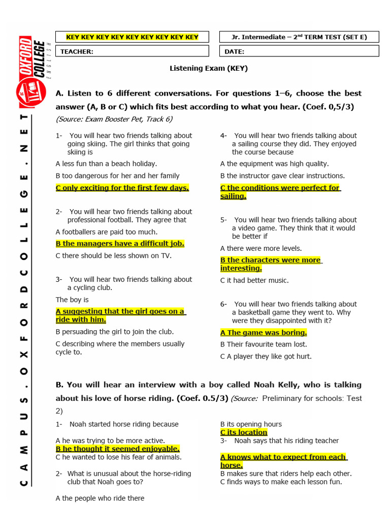 (Key) Listening (E) - 2ND Term Test JR Intermediate (2024) | PDF | Horses
