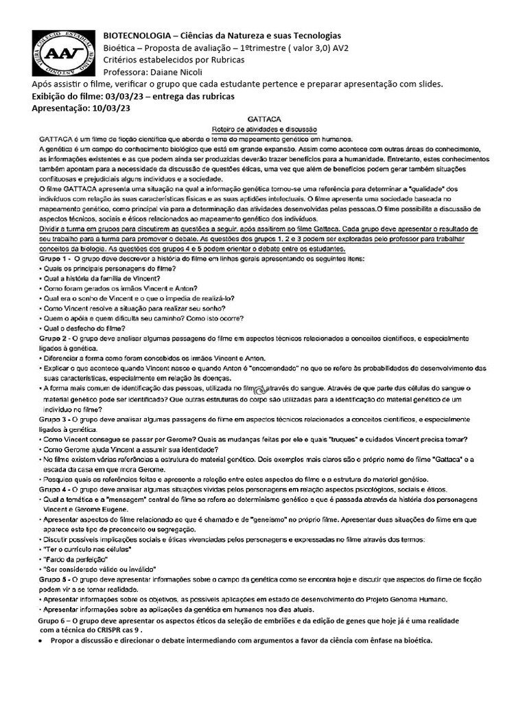 Bioética - GATTACA - ROTEIRO DO TRABALHO e RUBRICAS | PDF