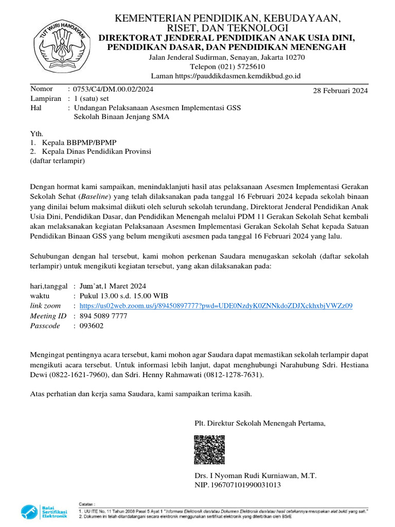 PDM 11_1 Maret 2024_Undangan Peserta Asesmen Sekolah Binaan SMA | PDF