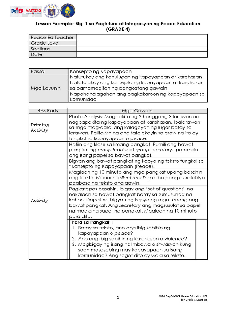 Peace Ed - Lesson Exemplar 1 - Grade 4 Final1 | PDF