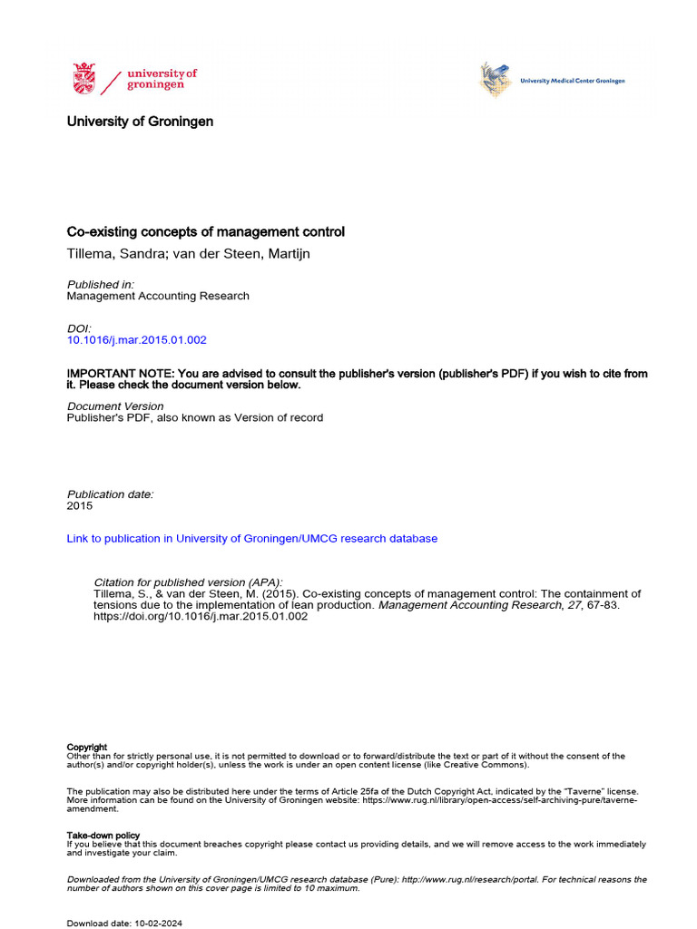 Co Existing Concepts of Management Control The Containment of Tensions ...