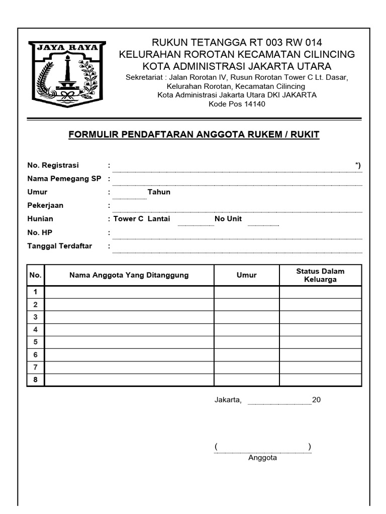 Formulir Pendaftaran Rukem Rukit RT 003 RW 014 | PDF
