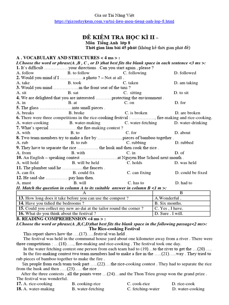 De Trac Nghiem Hoc Ki 2 Tieng Anh 8 Co Dap an de Thi Dap an Tieng Anh 8 ...