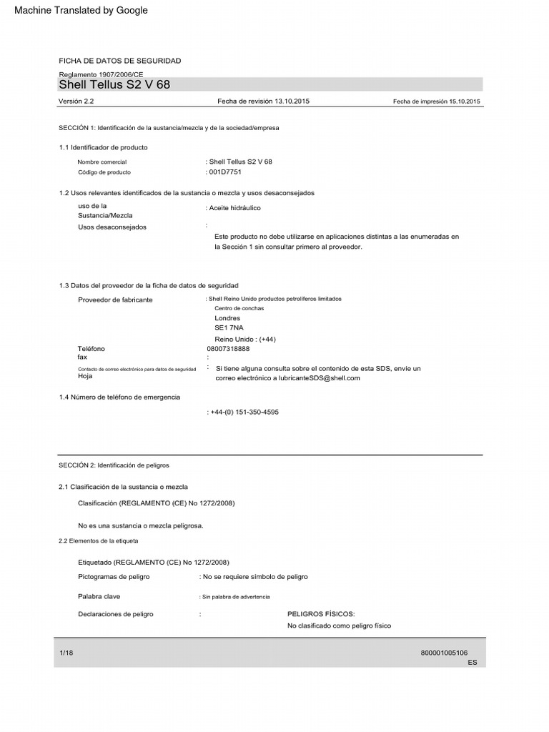 Ficha de Seguridad: Shell Tellus S2 V 68 | PDF | Toxicidad | Aguas residuales