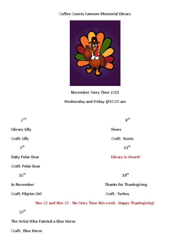 November Story Time Schedule 2011 | PDF | Social Science | Poetry