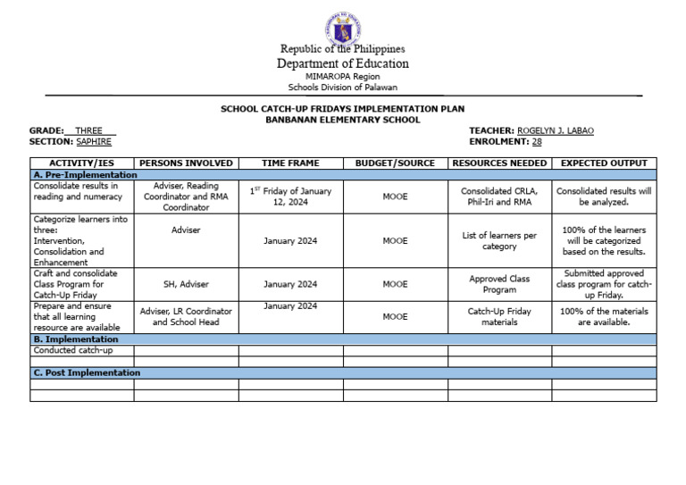 Catch-Up Fridays Plan for Grade 3 | PDF | Learning | Behavior Modification