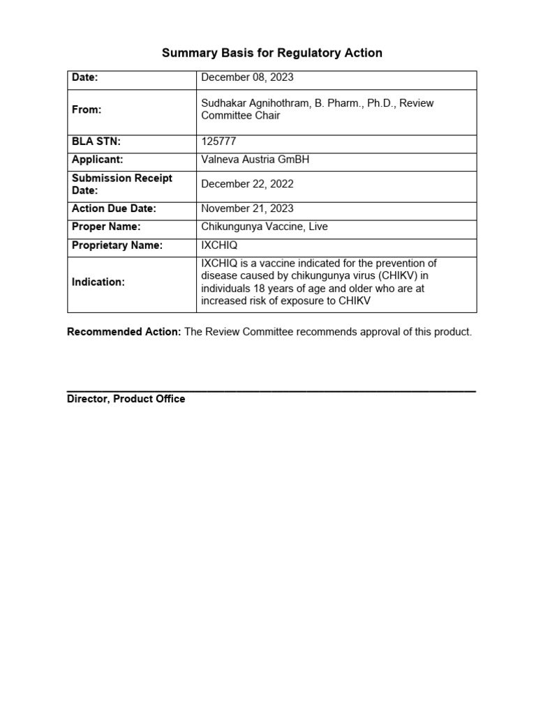 December 8, 2023 Summary Basis For Regulatory Action - IXCHIQ | PDF ...