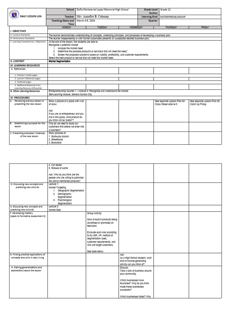 ENTREP DLL Week 5 Market Targeting | PDF | Market Segmentation | Learning