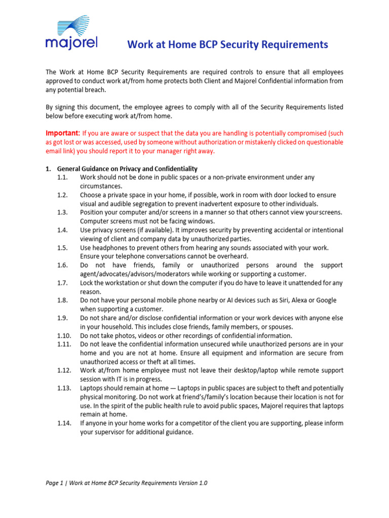 Work at Home BCP Security Requirements - V1.1 Final | PDF