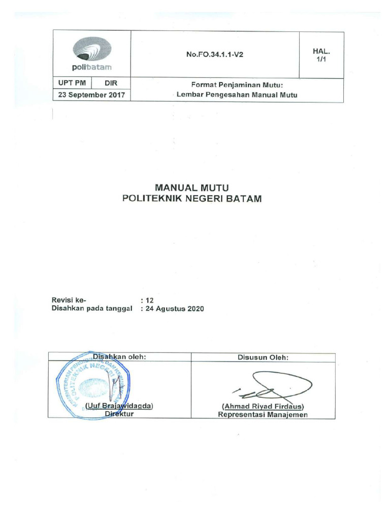 MM-V2 Manual Mutu Politeknik Negeri Batam | PDF