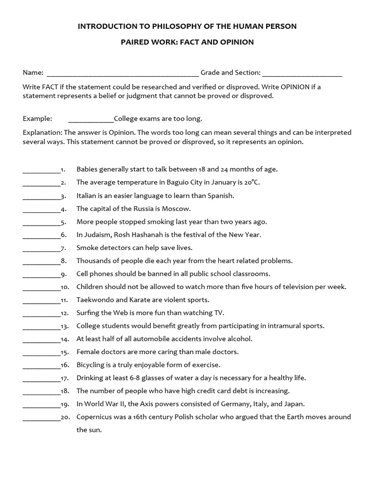 Fact vs. Opinion Exercise Guide | PDF