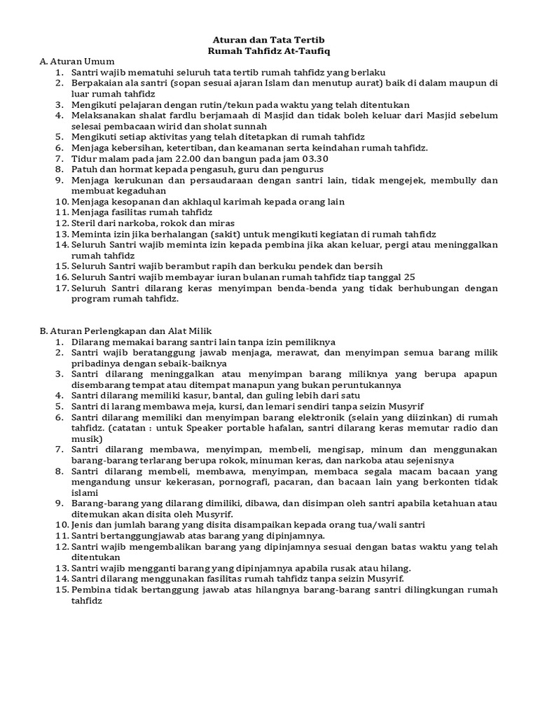 Aturan Dan Tata Tertib Rumah Tahfidz at Taufiq | PDF