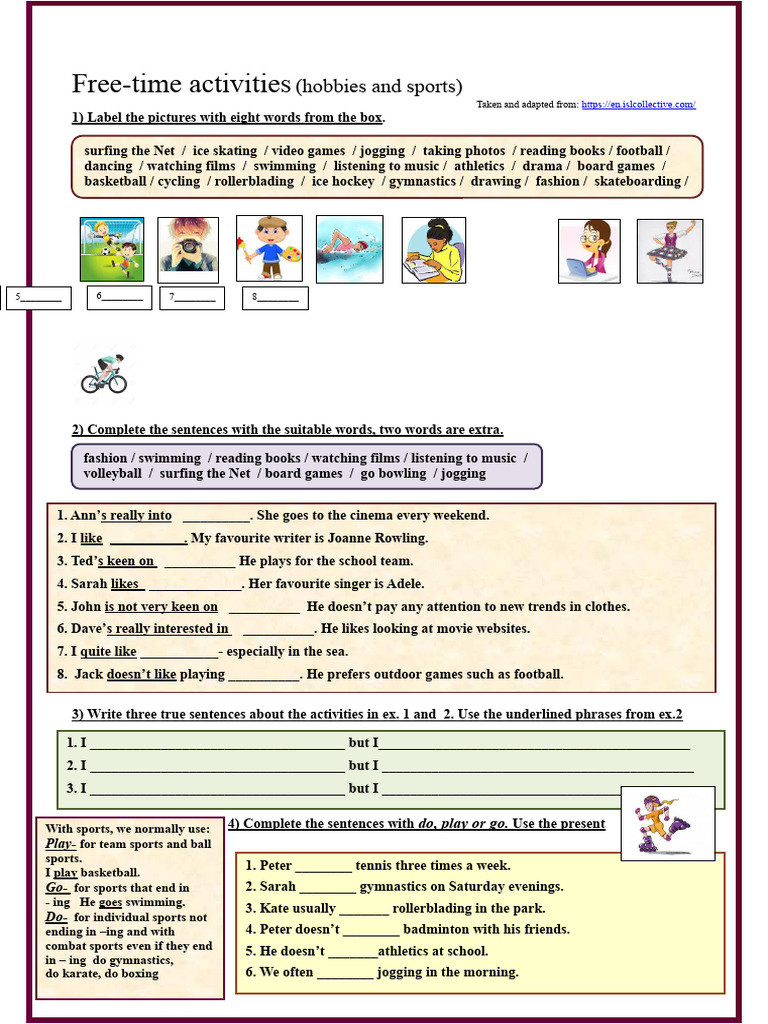 Freetime Activities Hobbies and Sports Exercises Information Gap ...