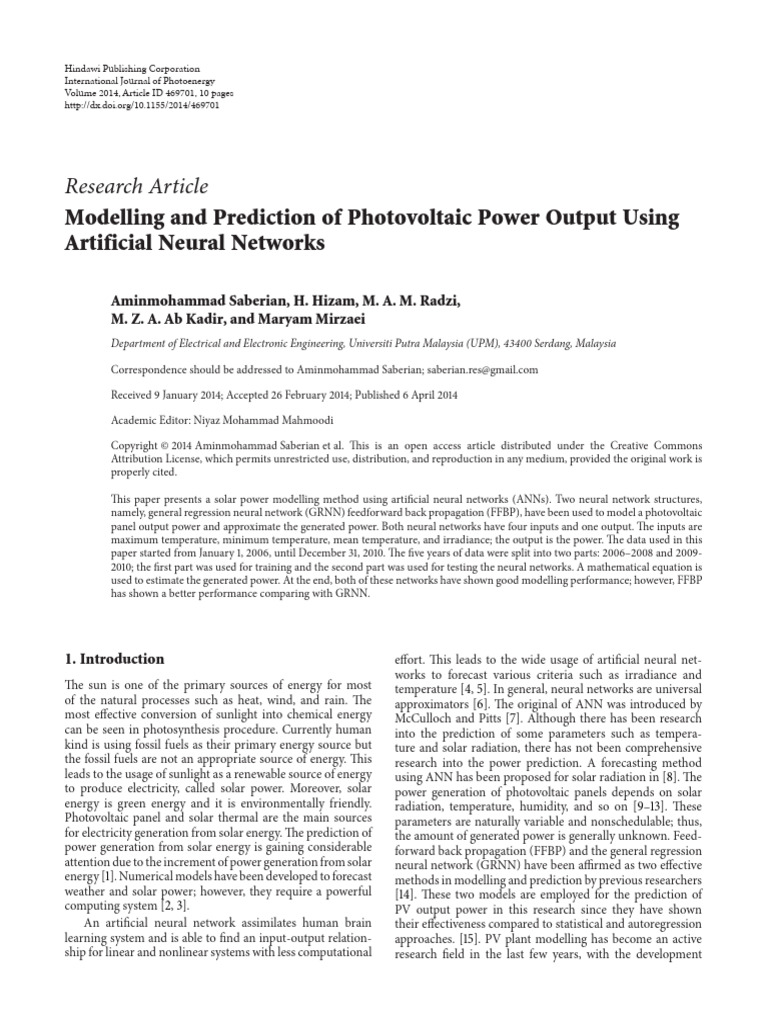 Modelling and Prediction of Photovoltaic Power Out | PDF | Mean Squared Error | Artificial ...
