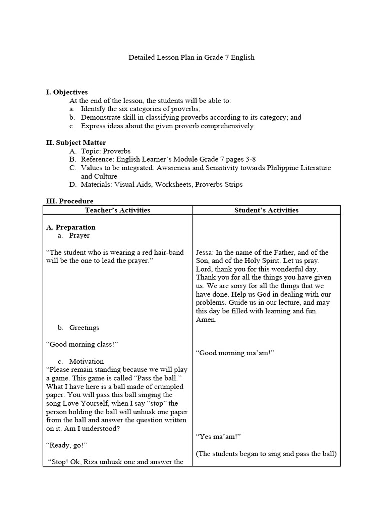 Detailed Lesson Plan in Grade 7 English | PDF | Lesson Plan | Prayer