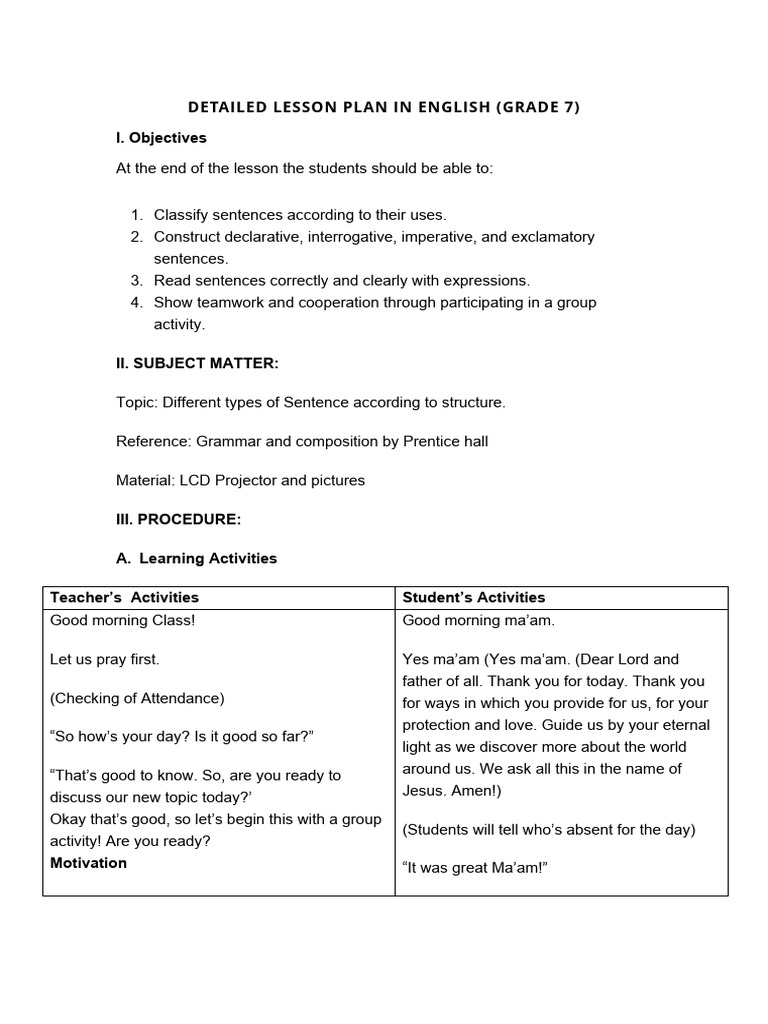 DETAILED_LESSON_PLAN_IN_ENGLISH_GRADE_7 | PDF