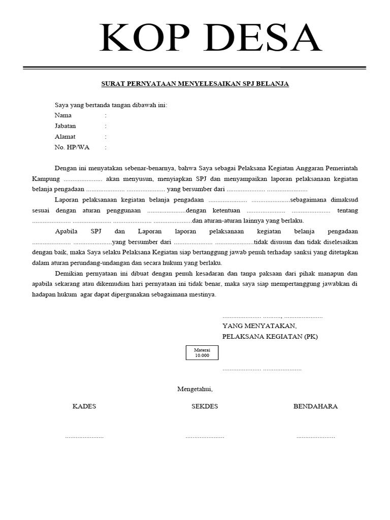 SURAT PERNYATAAN MENYELESAIKAN SPJ | PDF